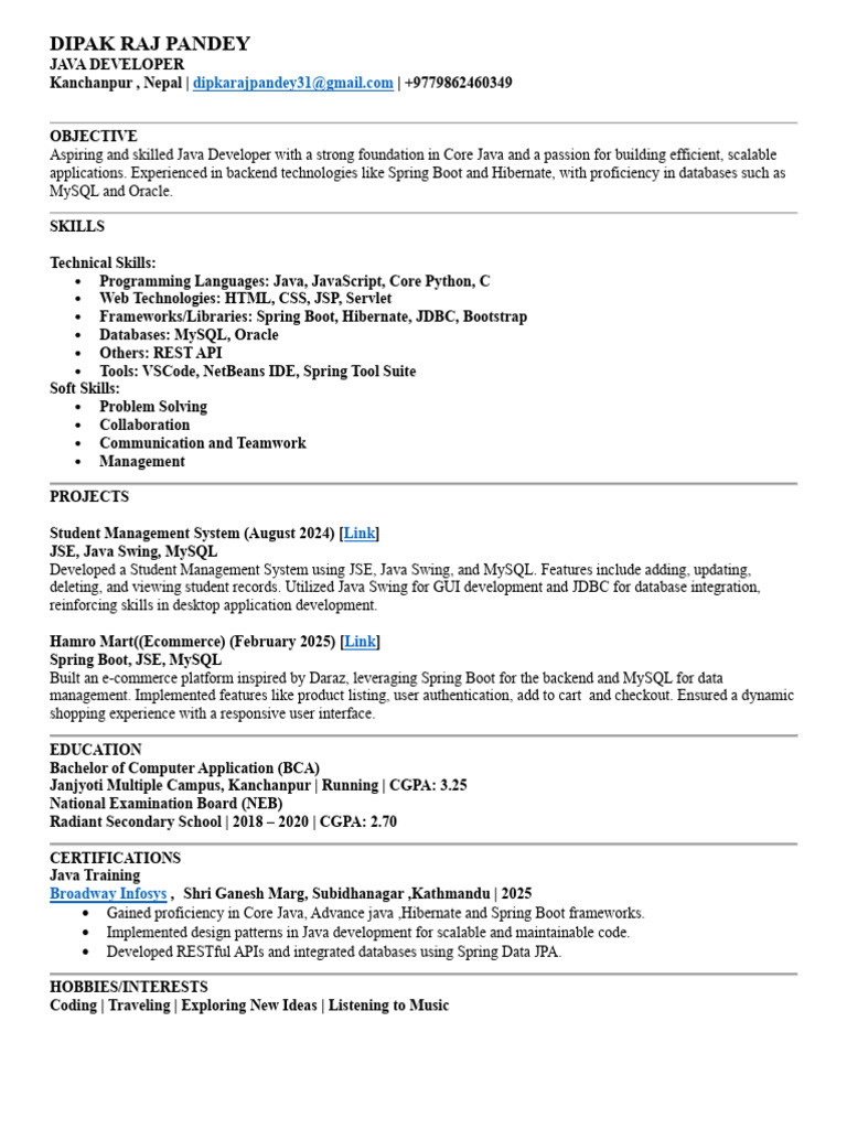 Java Developer Resume - Dipak Pandey | PDF