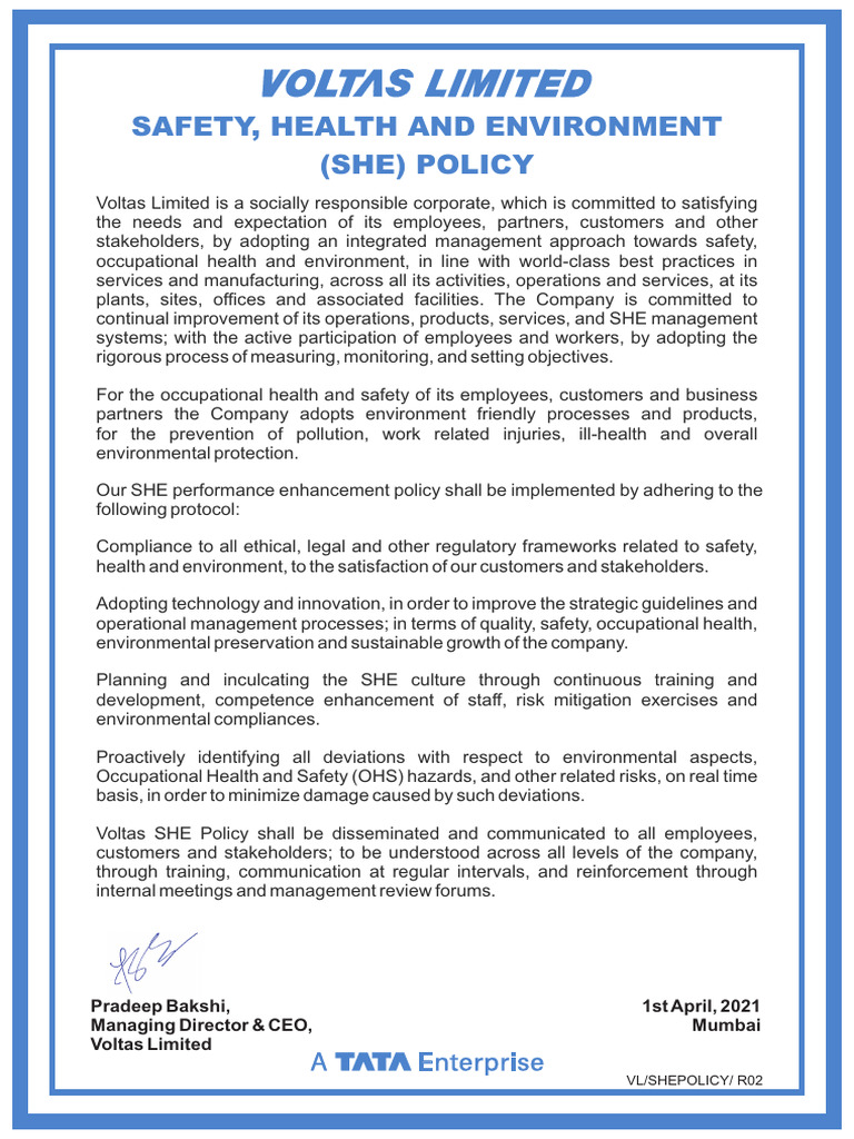 Voltas SHE Policy Overview | PDF