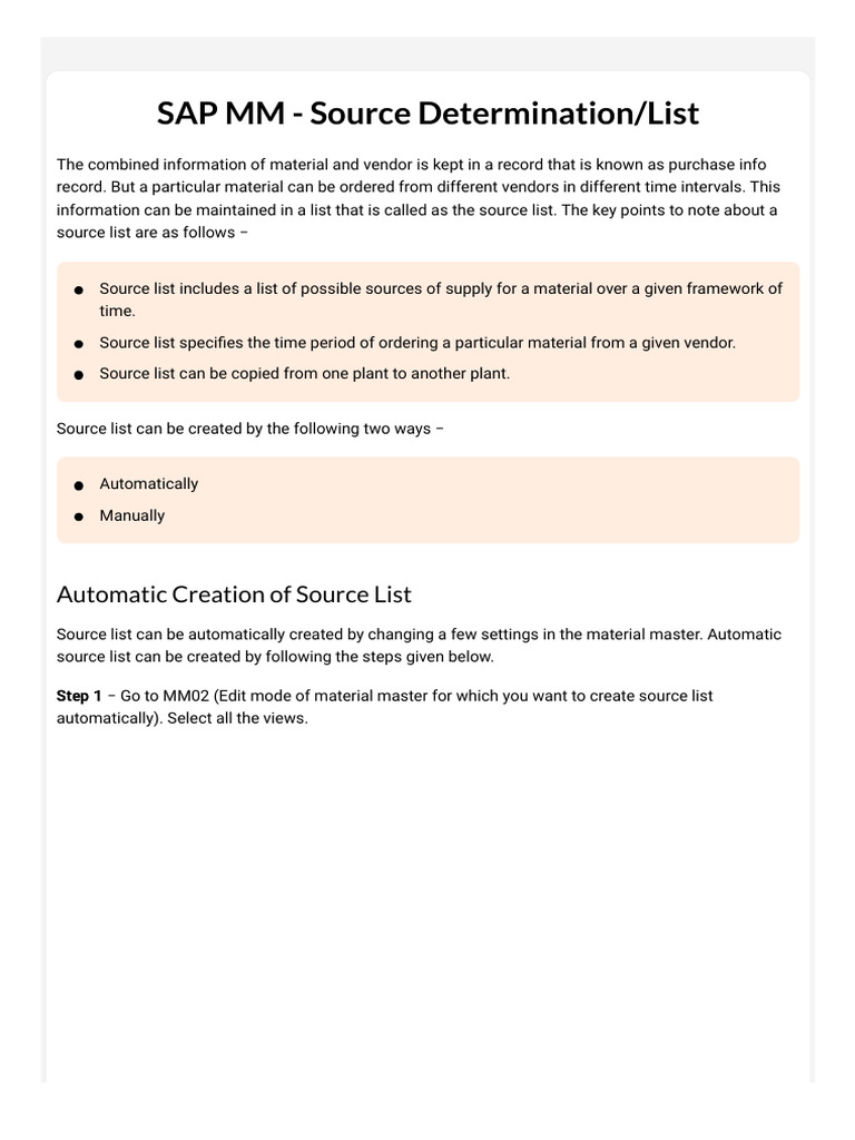SAP MM - Source Determination - List | PDF