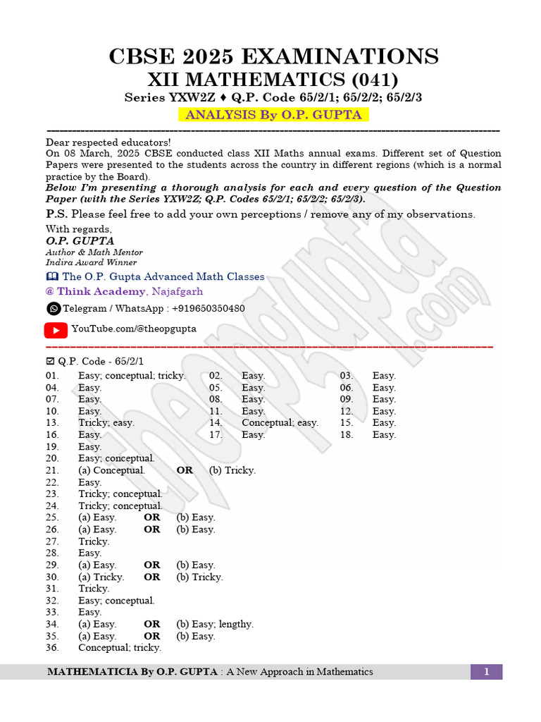 Analysis For CBSE XII Maths (Q.P. Code 65-2-1 65-2-2 65-2-3 Series YXW2Z) - 1 | PDF ...