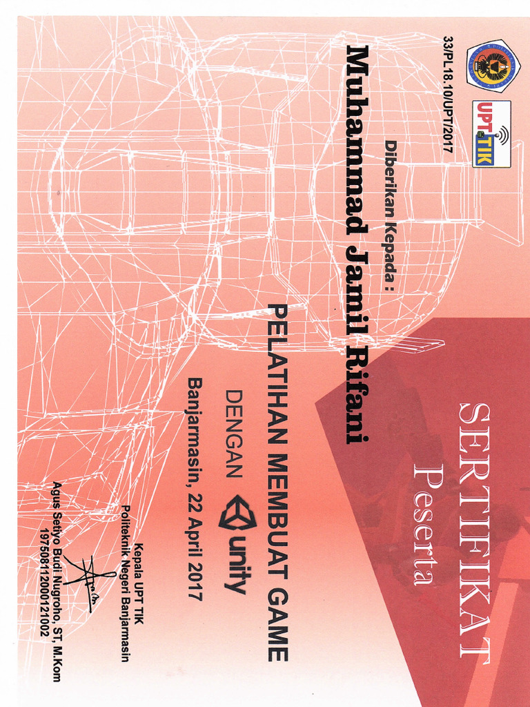 Sertifikat Pelatihan Membuat Game Dengan UNITY | PDF