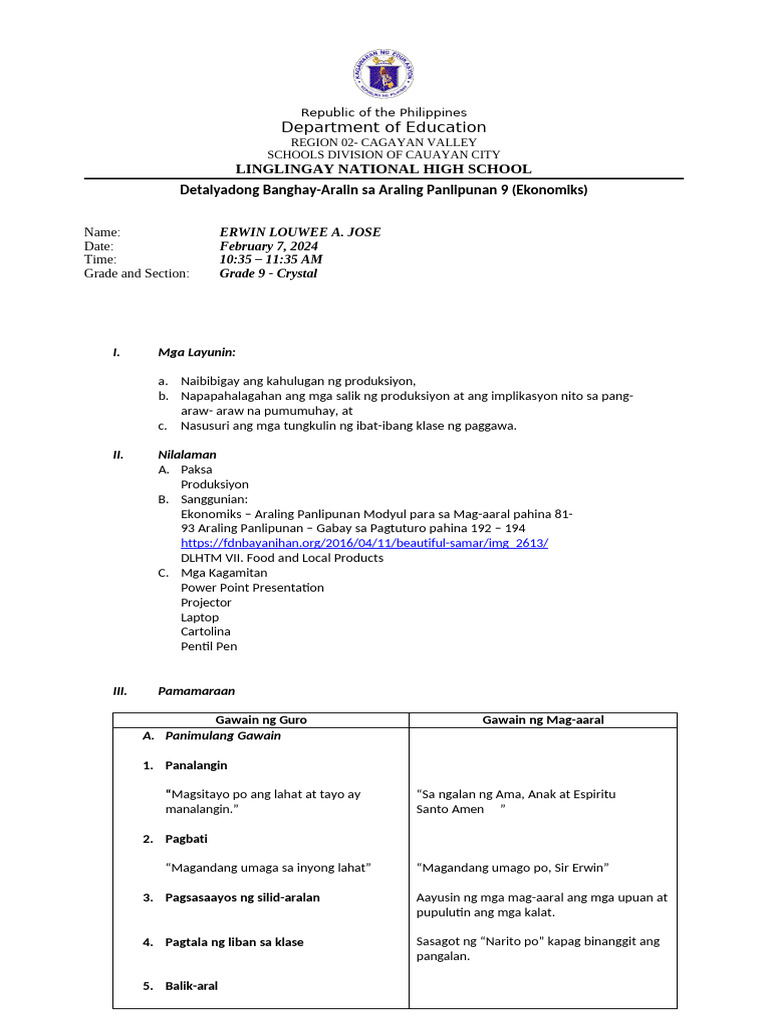 Detailed Lesson Plan in Aral Pan 9 | PDF