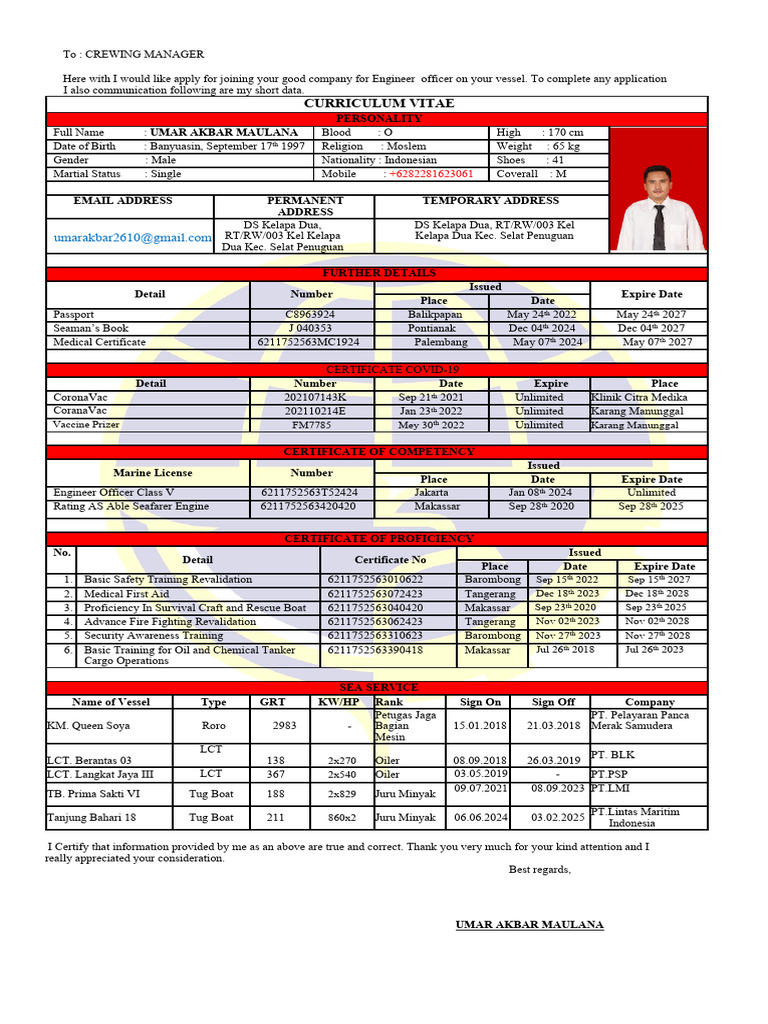 CV UMAR AKBAR MAULANA(1)(1) (1) | PDF | Ship Types | Shipping