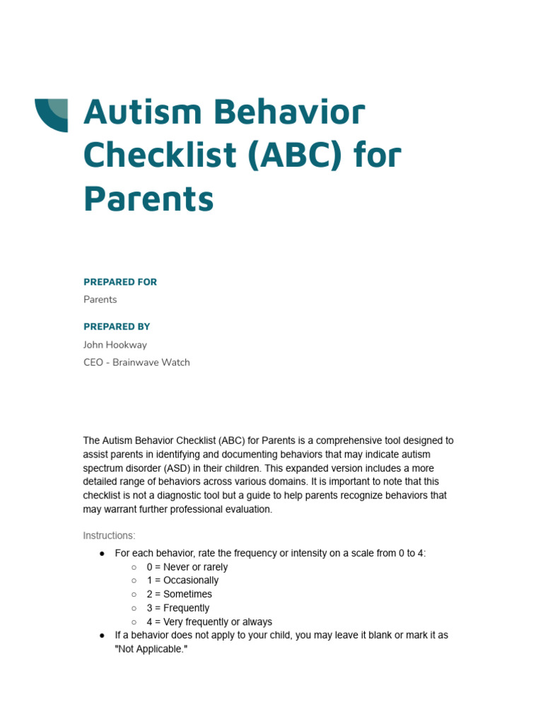 Autism Behavior Checklist (ABC) For Parents | PDF | Autism | Behavioural Sciences
