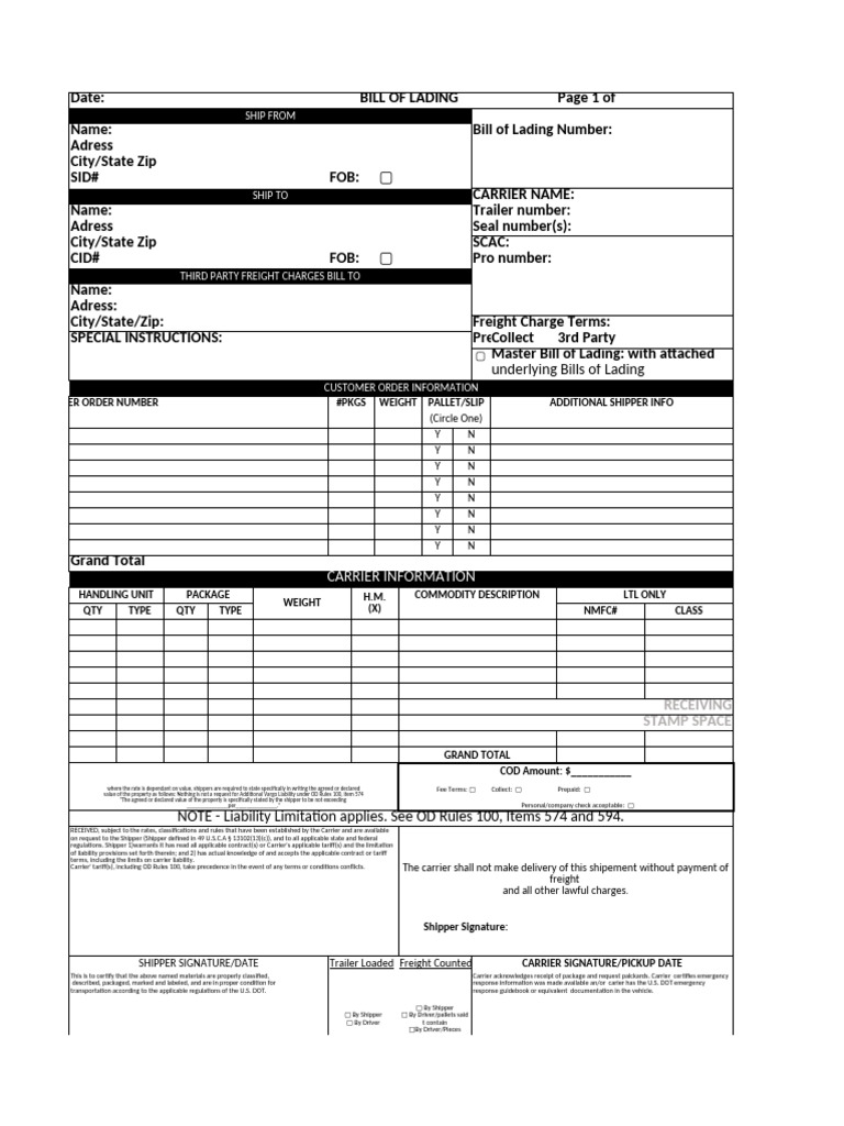 Bill of Lading Template for Shipping | PDF | Cargo | Bill Of Lading