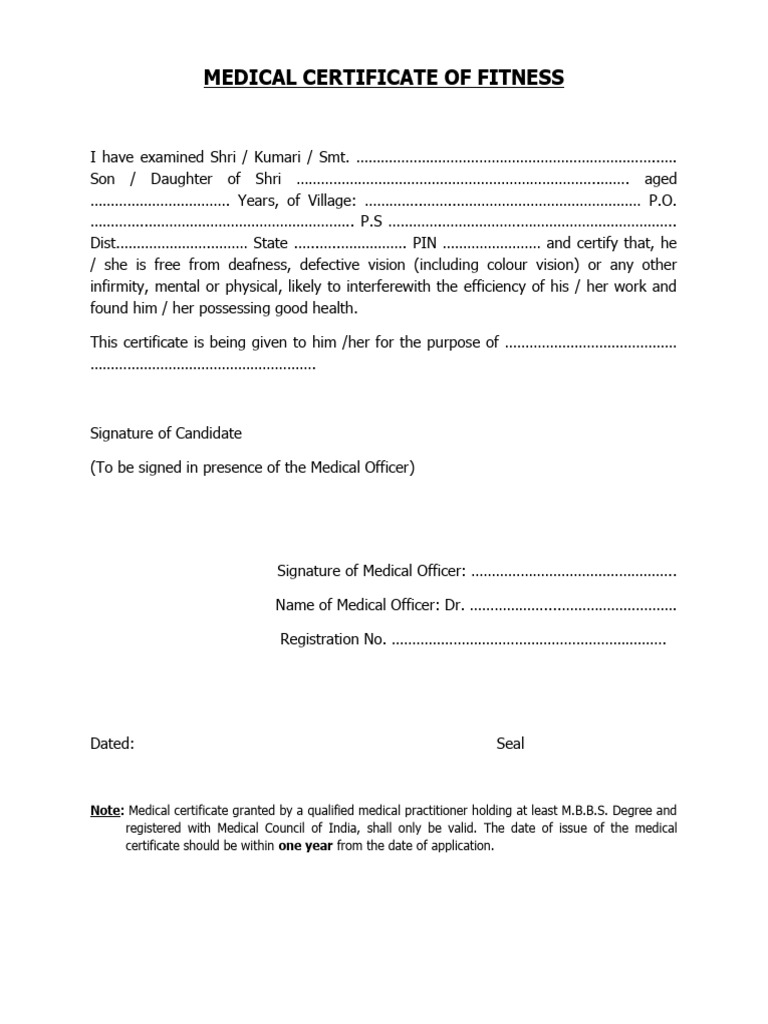 Medical Fitness Certificate Template | PDF