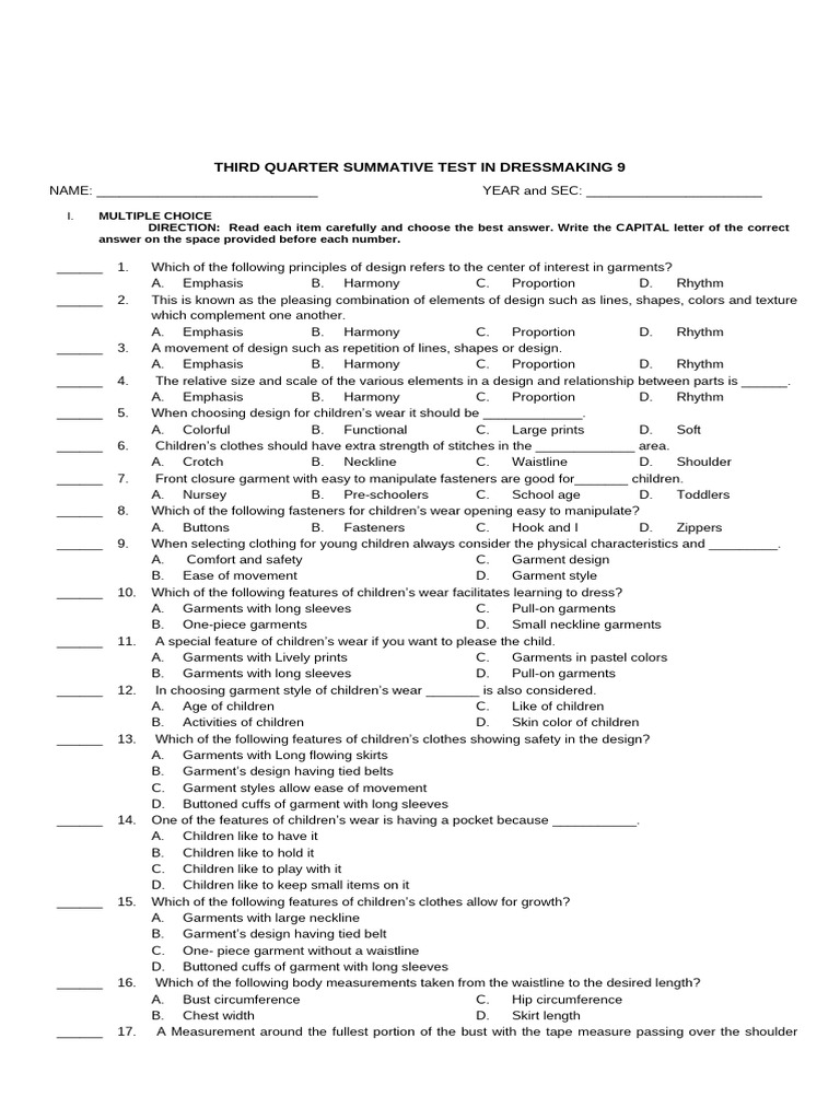 Dressmaking 9 Summative Assessment | PDF | Clothing | Waist