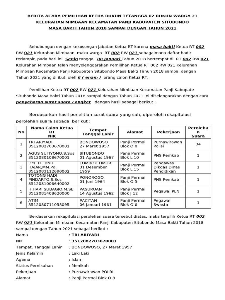 Berita Acara Pemilihan Ketua Rukun Tetangga 02 Rukun Warga 21 | PDF