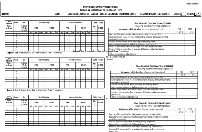 Phil IRI INdividual Form Edited FILIPINO | PDF | Learning | Written ...