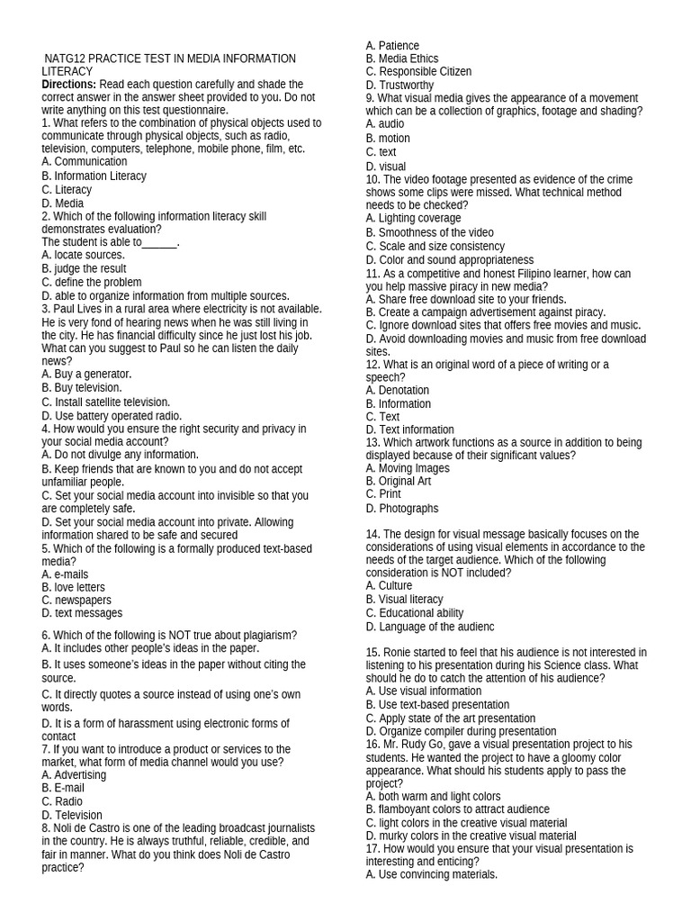 Media Information Literacy Practice Test | PDF | Literacy | Multimedia