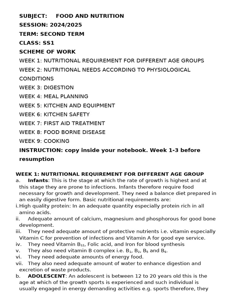 S.S 1 Food and Nutrition 1 | PDF | Digestion | Stomach