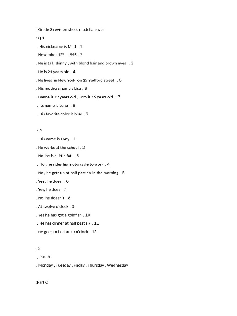 Grade 3 Revision Sheet Model Answer | PDF