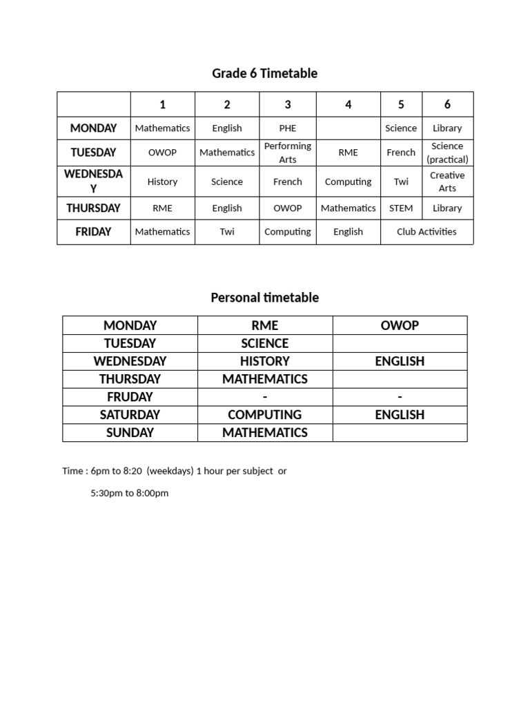 Grade 6 Timetable | PDF