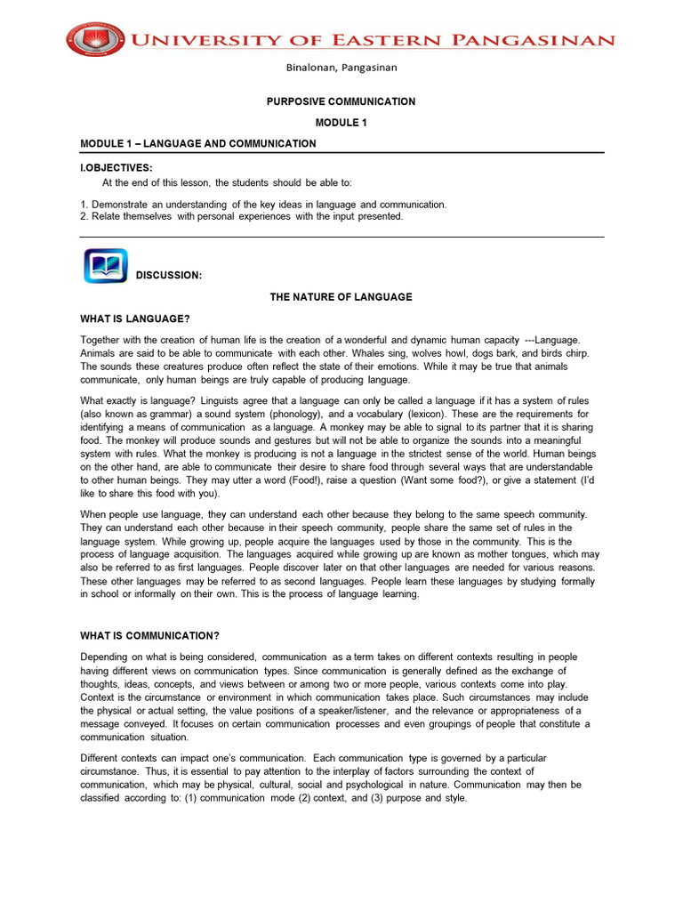 Module 1 Language And Communication Pdf Communication First Language