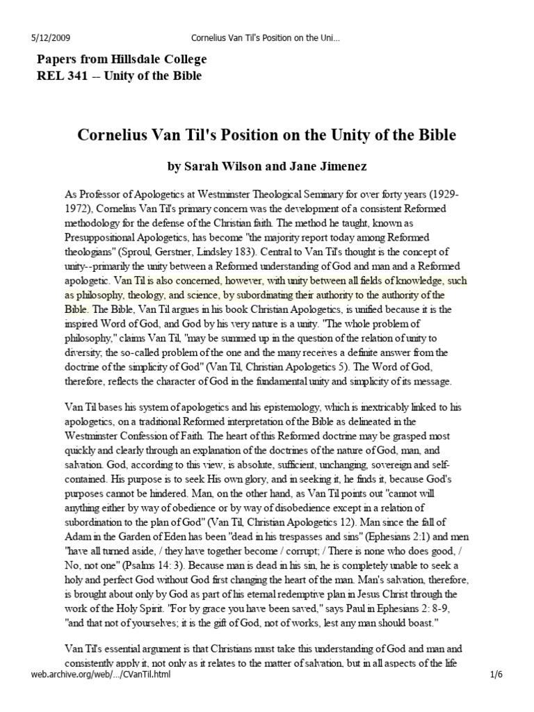 Cornelius Van Til's Position On The Unity of The Bible | PDF | Covenant Theology | Grace In ...