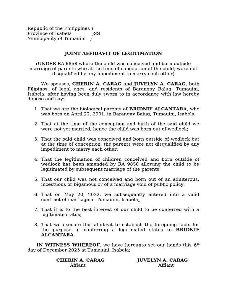 Affidavit of Legitimation - 1 | PDF | Affidavit | Marriage