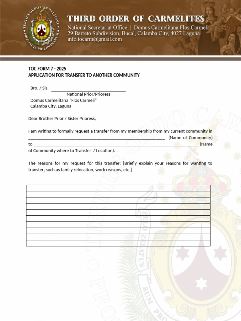 Form Request for TOC Transfer | PDF
