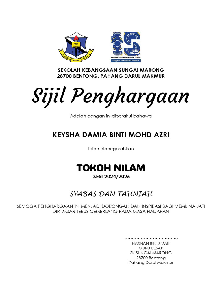 Sijil Penghargaan TOKOH | PDF