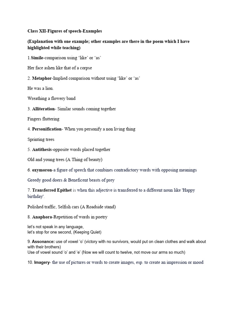 Figures of Speech Examples for Class XII | PDF