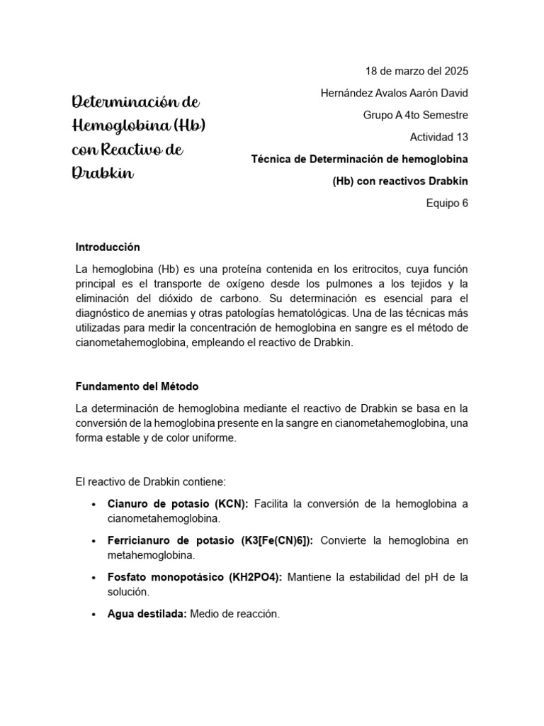 Determinación de Hemoglobina (HB) Con Reactivo de Drabkin | PDF ...