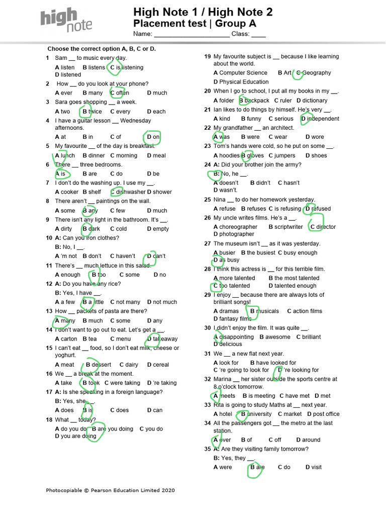 High Note 2 Unit 1 Placement Test | PDF | Cuisine | Foods