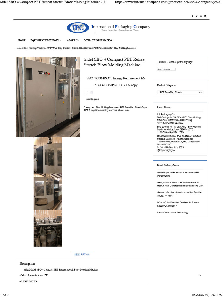 Sidel SBO 4 Compact PET Reheat Stretch Blow Molding | PDF | Secondary Sector Of The Economy ...