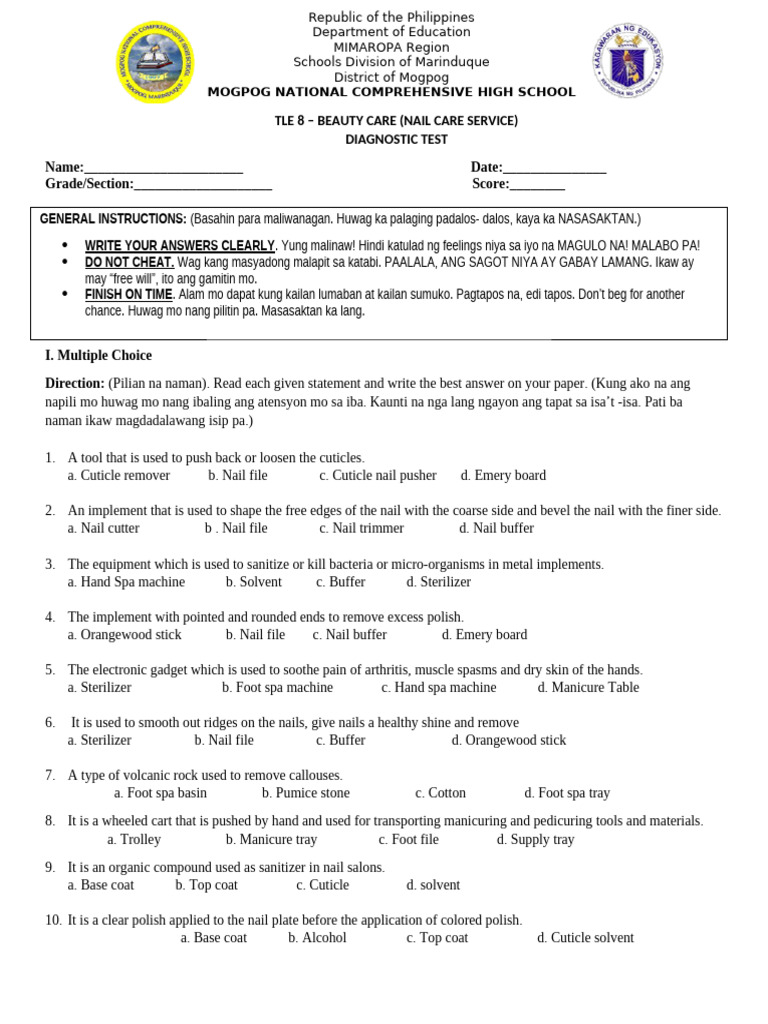 DIAGNOSTIC TEST TLE-8-Beauty-Care | PDF | Disinfectant | Nail (Anatomy)