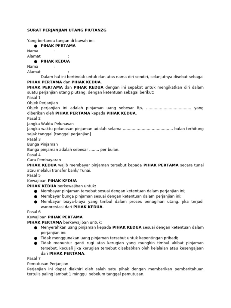Contoh Surat Perjanjian Utang Piutang | PDF