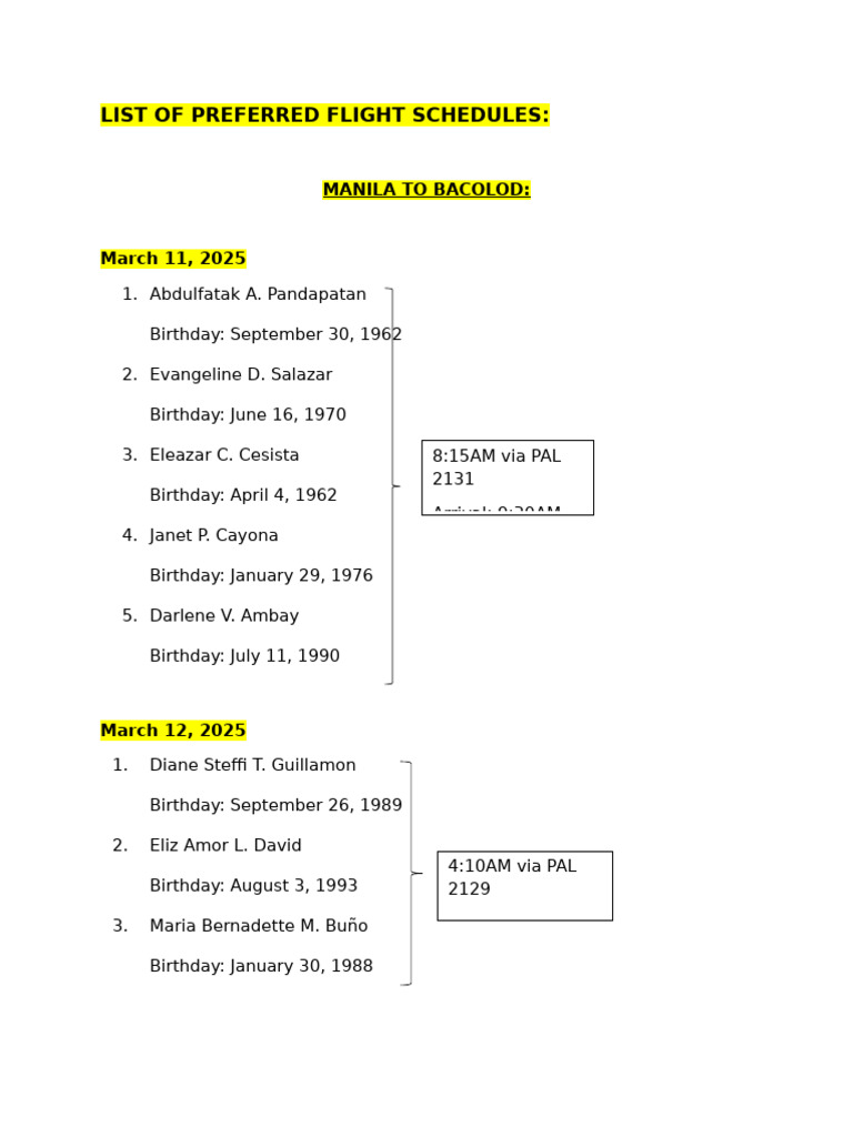 LIST OF PREFERRED FLIGHT SCHEDULES | PDF