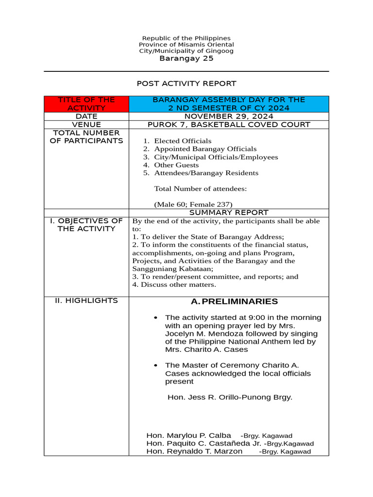 Post Activity Report-Barangay Assembly | PDF