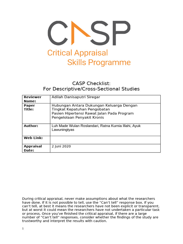 CASP Checklist Cross Sectional Study 2024 | PDF | Methodology | Cognition