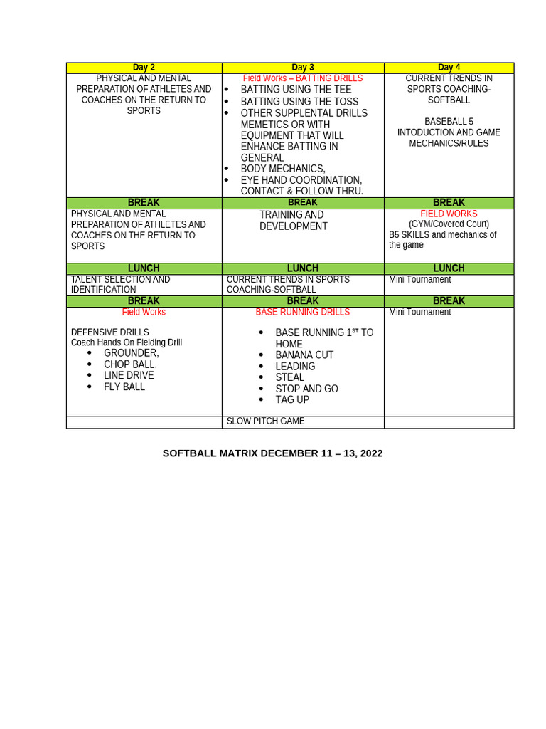Softball Matrix Final | PDF