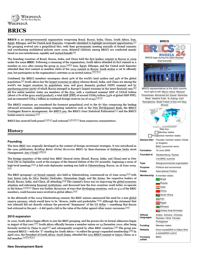 BRICS - Wikipedia | PDF | Bric | International Relations