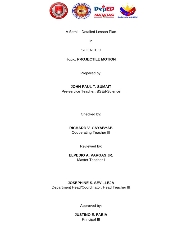 Lesson Plan on Projectile Motion | PDF | Force | Projectiles