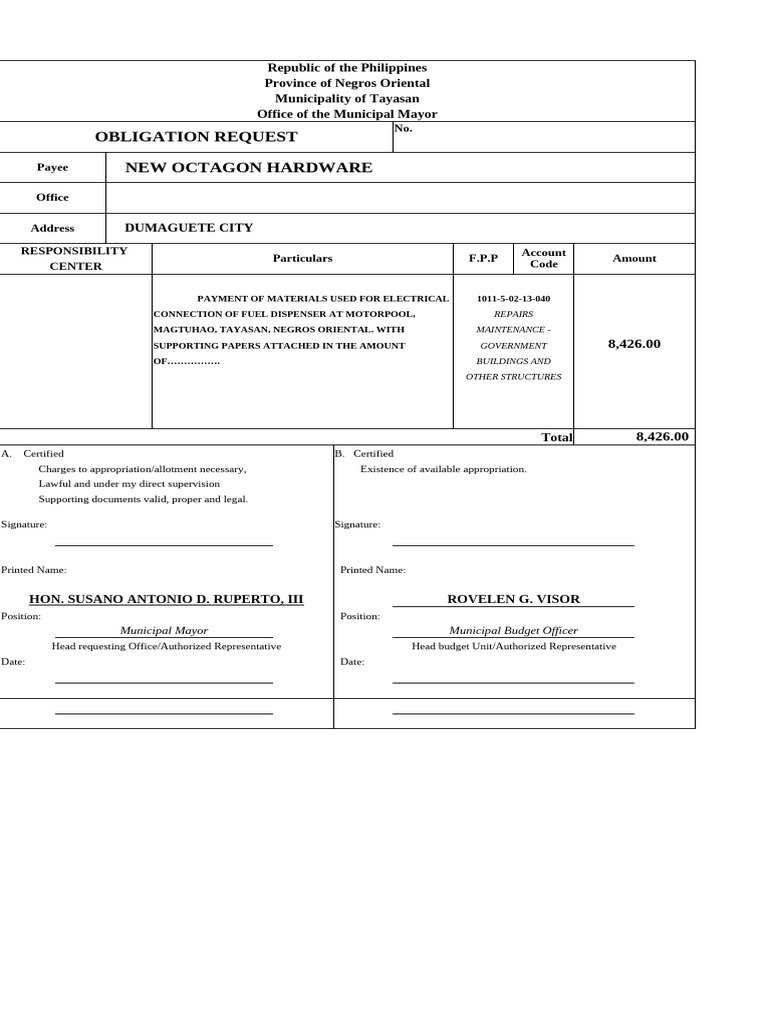 Tayasan Municipal Obligation Requests | PDF | Payments | Cash