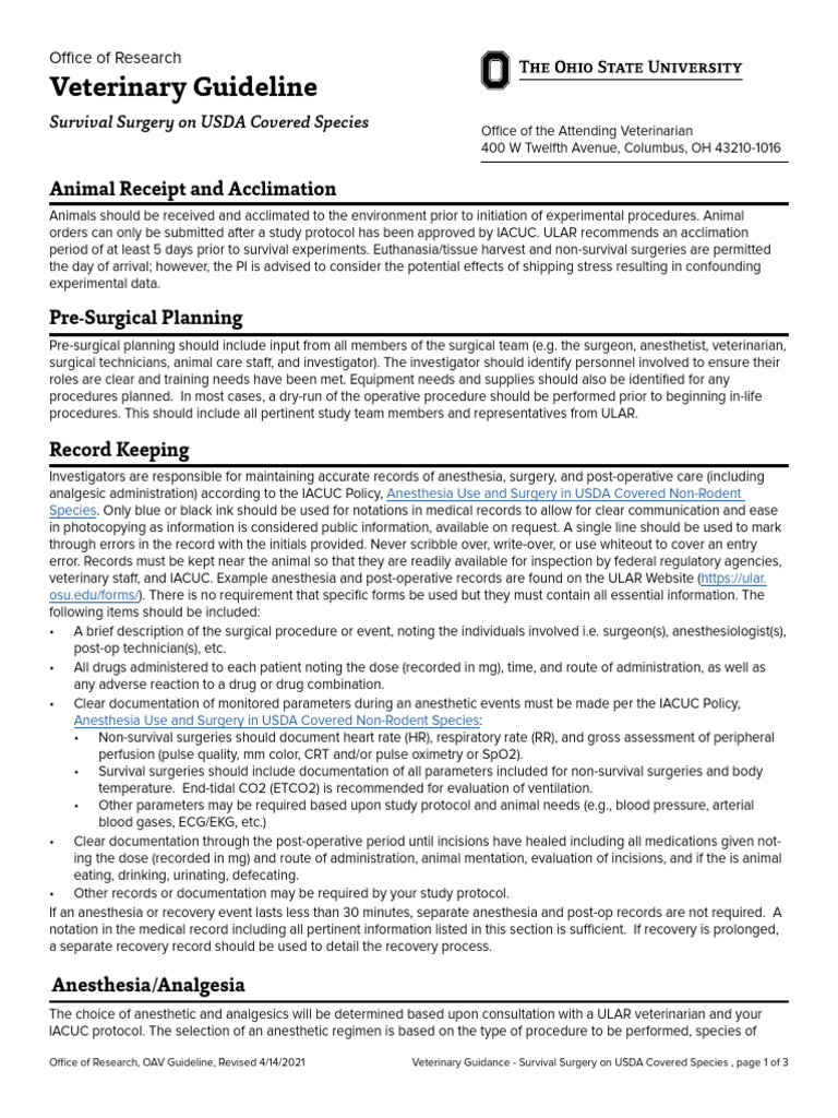 OAV - Survival Surgery On USDA Covered Species - Vet Guideline19 0014 ...