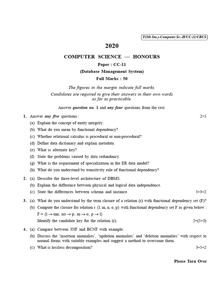 CU-2020_B.Sc._(Honours)_Computer_Science_Semester-V_Paper-CC-11_QP | PDF | Computing | Data Model
