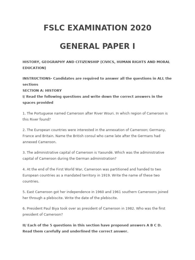 FSLC 2020 General Paper I Exam Guide | PDF | Cameroon | Ancient Greece