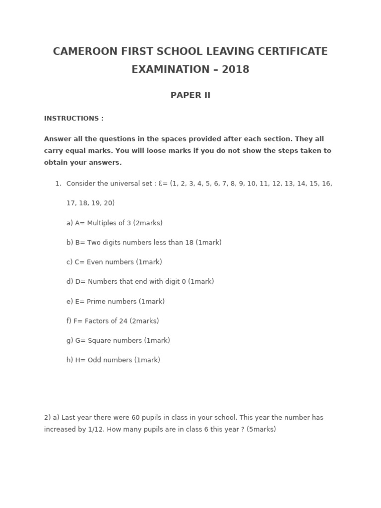 Mathematics II FSLC EXAMINATION 2018 | PDF