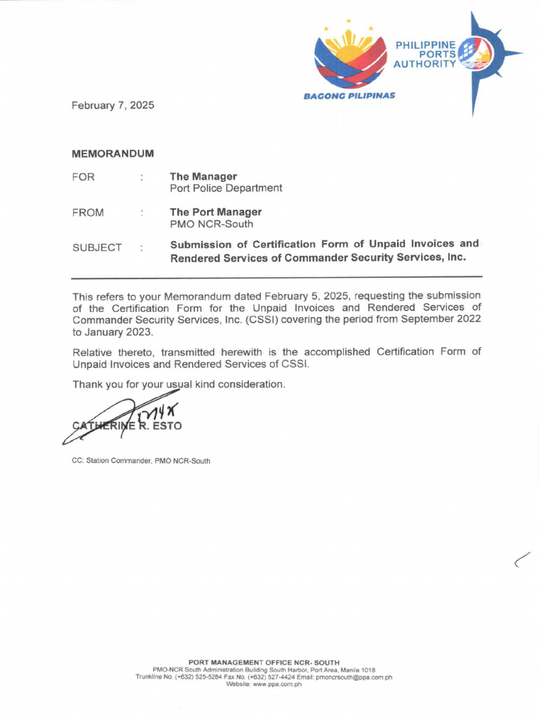 Transmittal Letter to PPD Re CSSI Cert | PDF