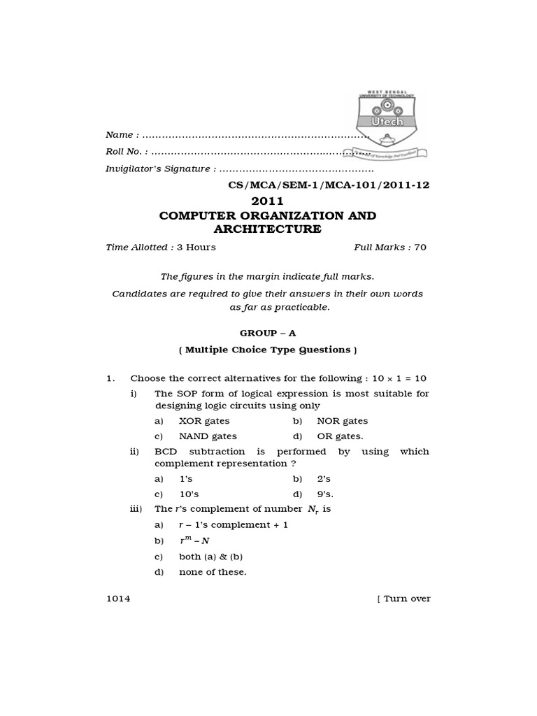 Mca 101 Computer Organisation and Architecture 2011 | PDF | Logic Gate | Computer Hardware