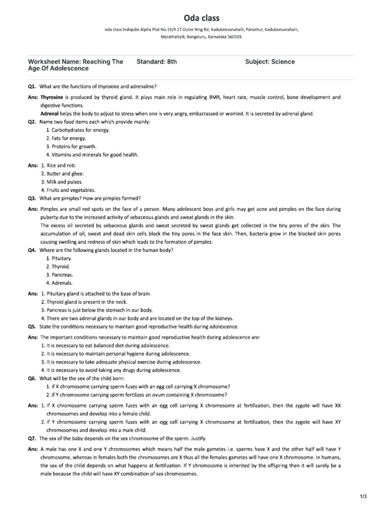 Reaching The Age of Adolescence-Class 8 | PDF