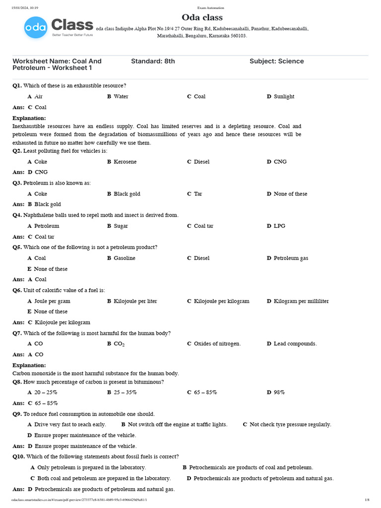 Coal and Petroleum - Worksheet 1 Answersheet | PDF | Fuels | Natural Gas