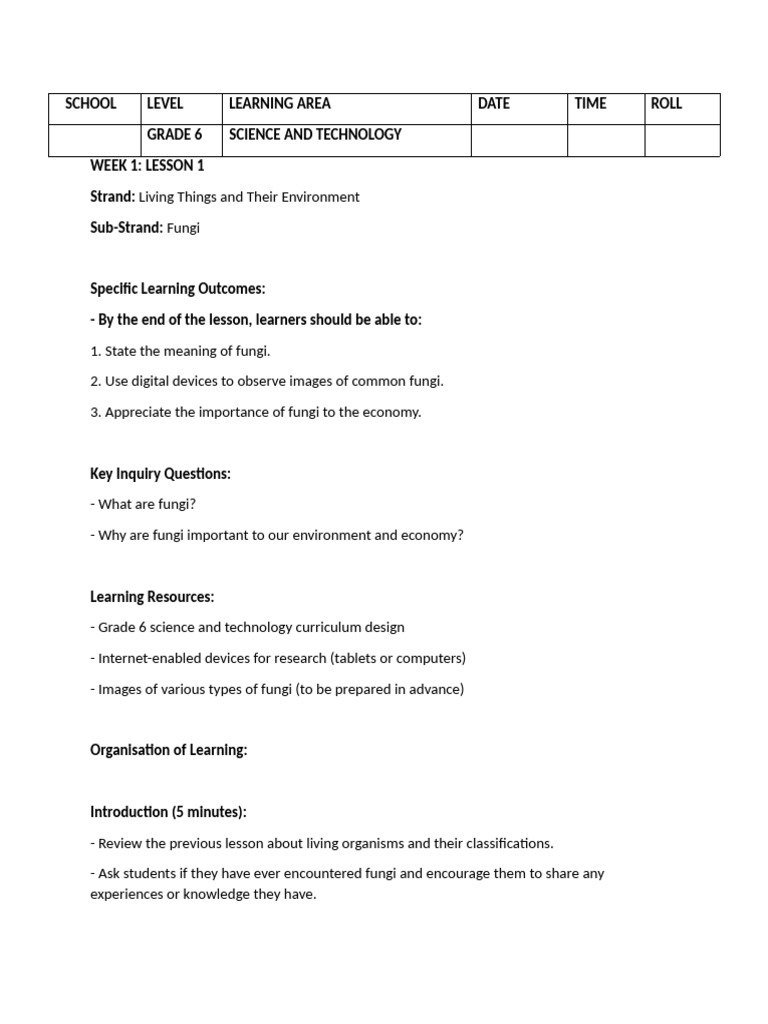 Grade 6 Rationalized Science and Technology Lesson Plans Term 1 | PDF ...