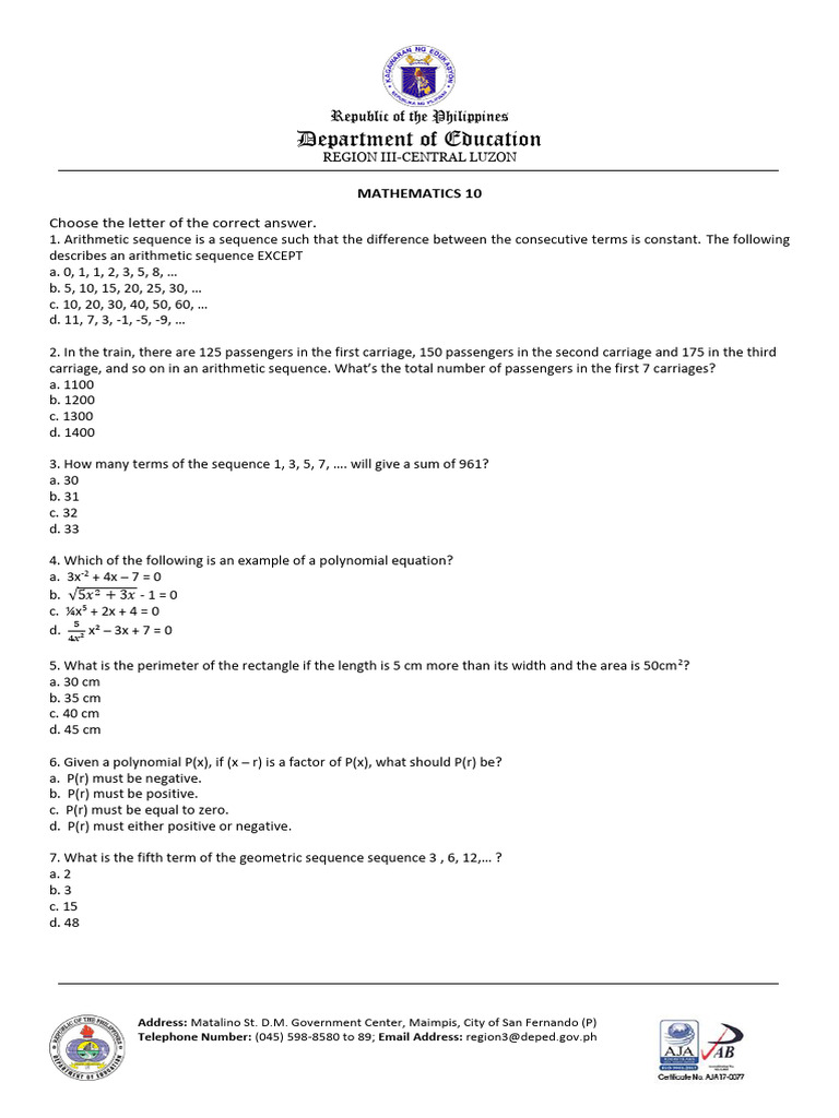 Regional Diagnostic Assessment Math 10 | PDF | Circle | Geometry
