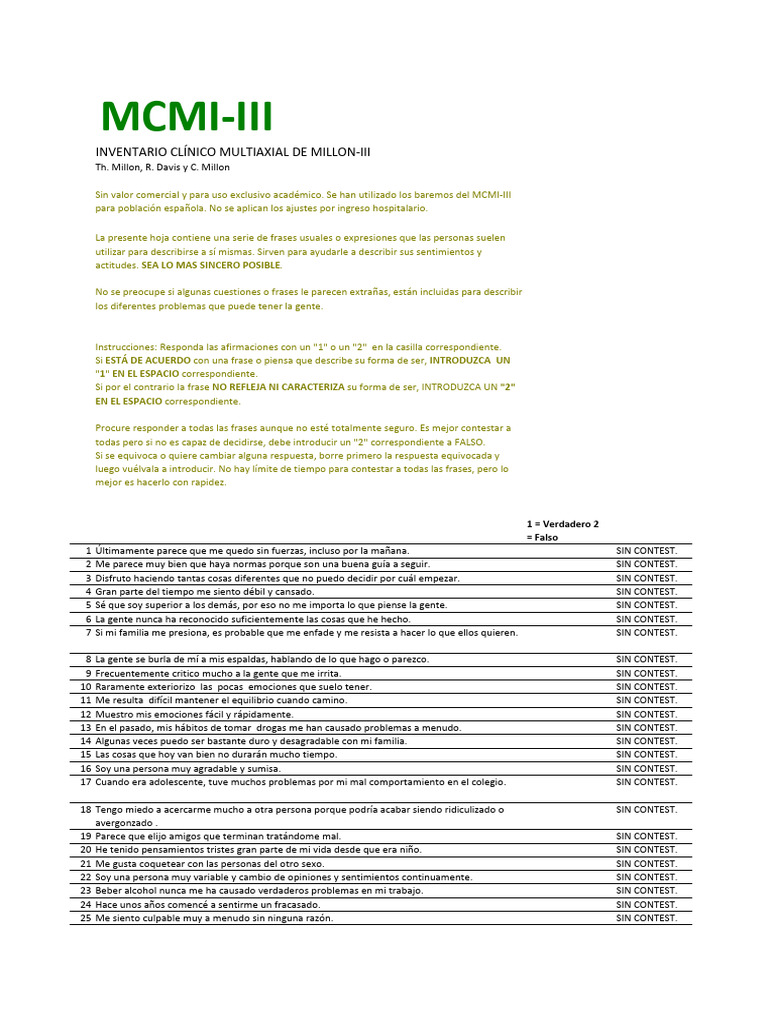 MCMI-III Autocorregible - Varemación Española | PDF | Ciencias del comportamiento | Conceptos ...