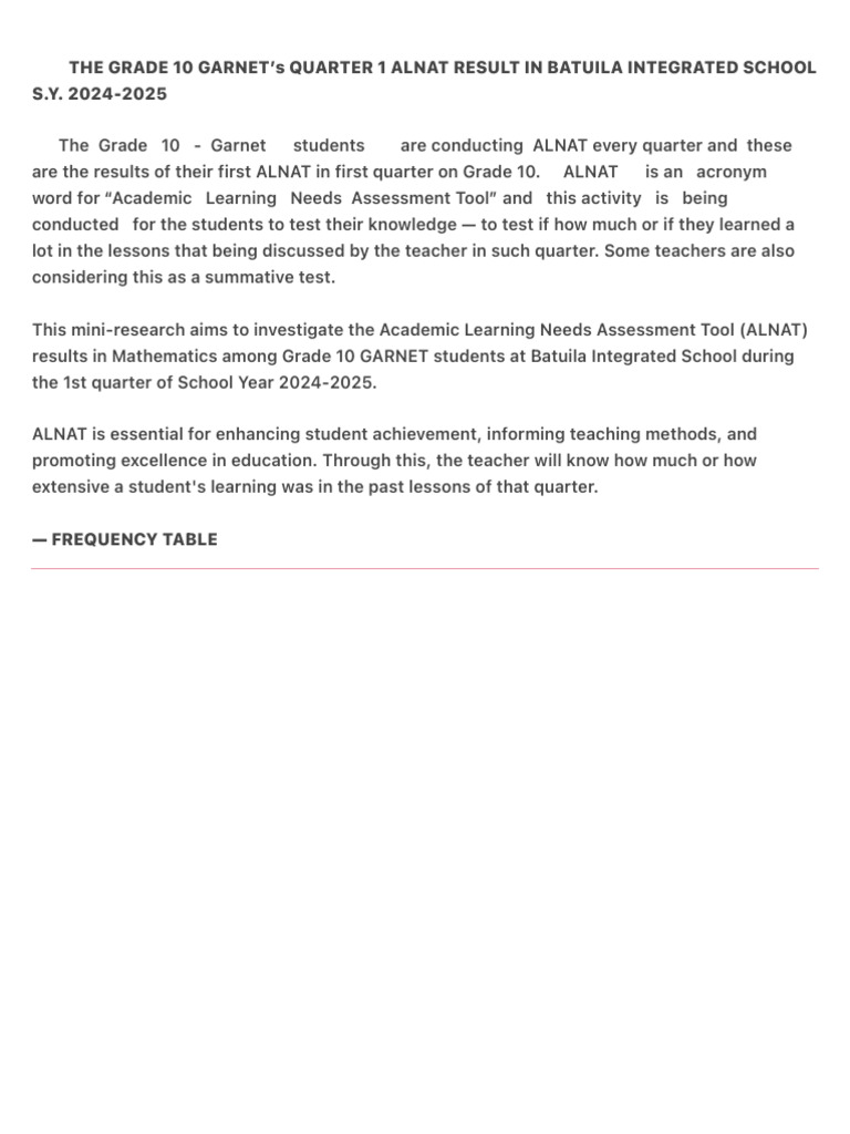 THE GRADE 10 GARNET's QUARTER 1 ALNAT RESULT IN BATUILA INTEGRATED | PDF