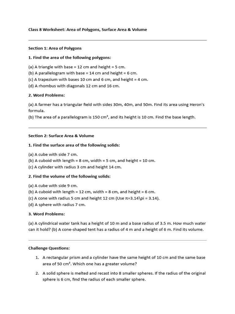 Area of Polygons, Surface Area & Volume | PDF