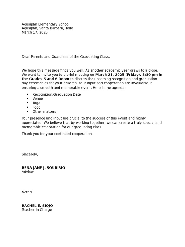 Graduation Ceremony Parent Meeting Invite | PDF
