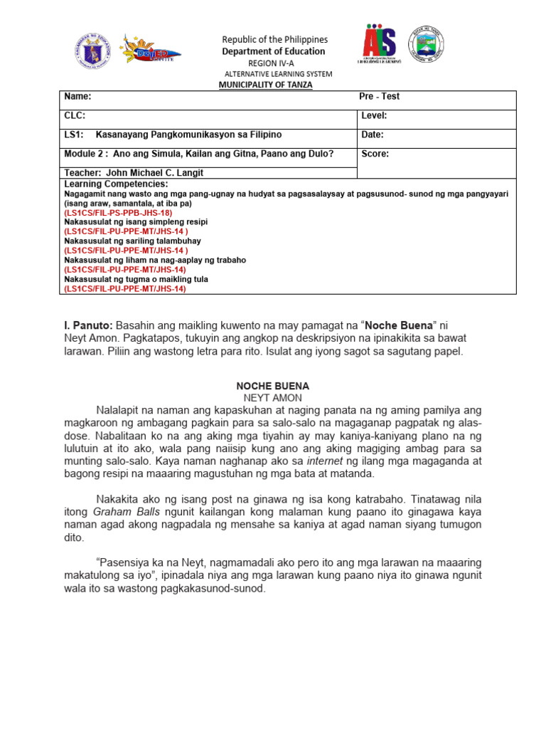 JHS M2 LS1 Fil Pre&post | PDF